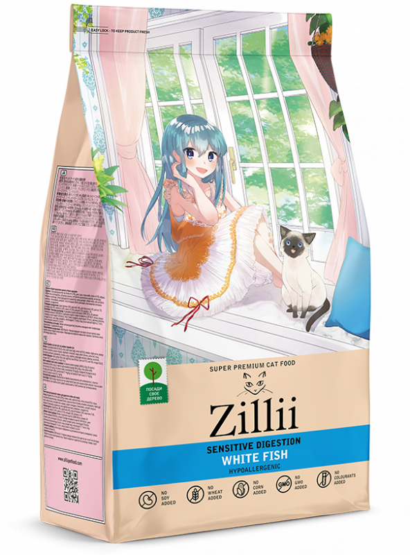 Сухой корм Zillii Sensitive Digestion для взрослых кошек с чувствительным пищеварением с белой рыбой, 400 гр