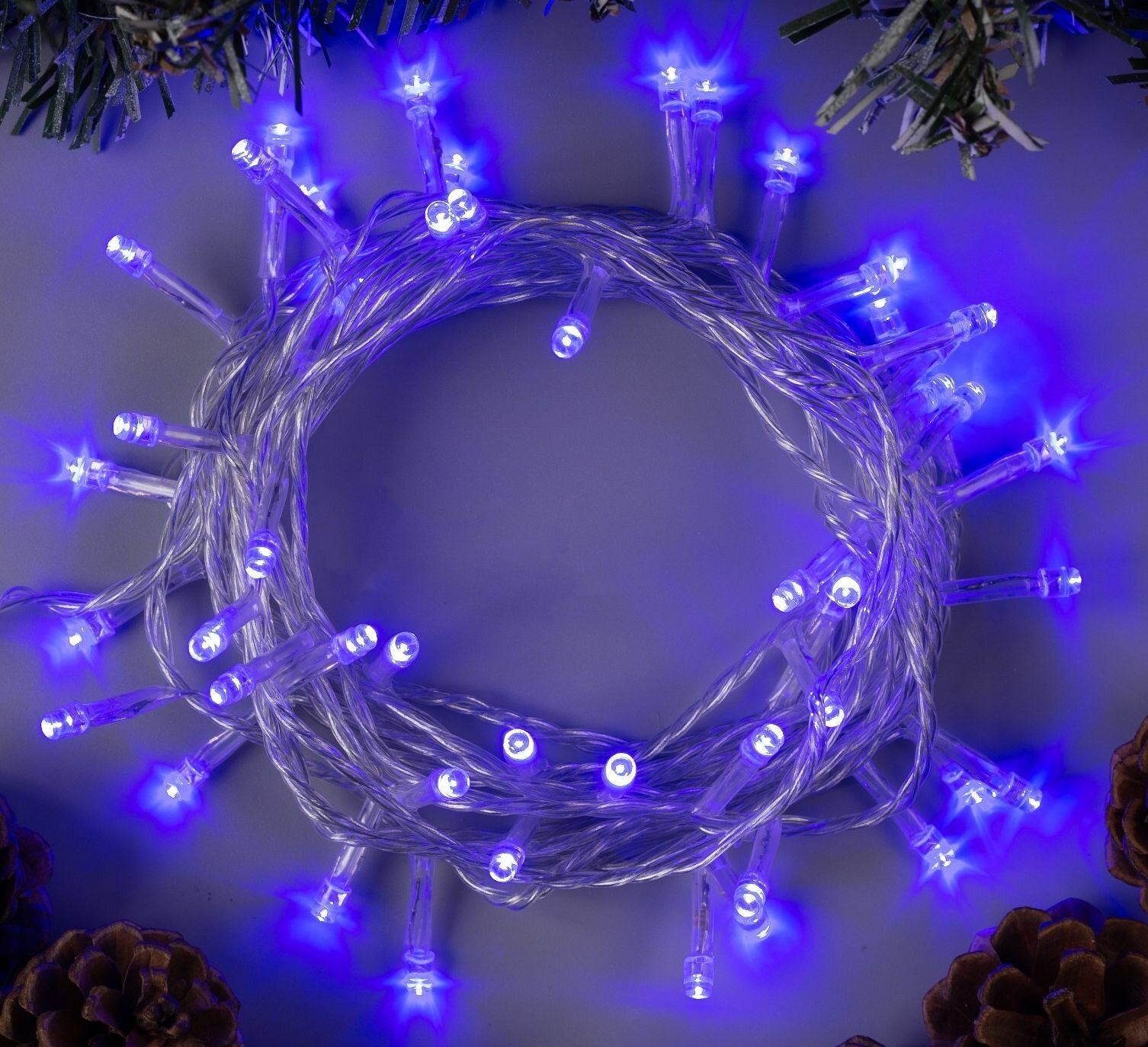 Гирлянда интерьерная светящаяся "Нить" 5 м, IP20, прозрачный шнур, 50 LED, свечение синее, 8 режимов, работает от сети, 220 В, декоративная новогодняя электрогирлянда