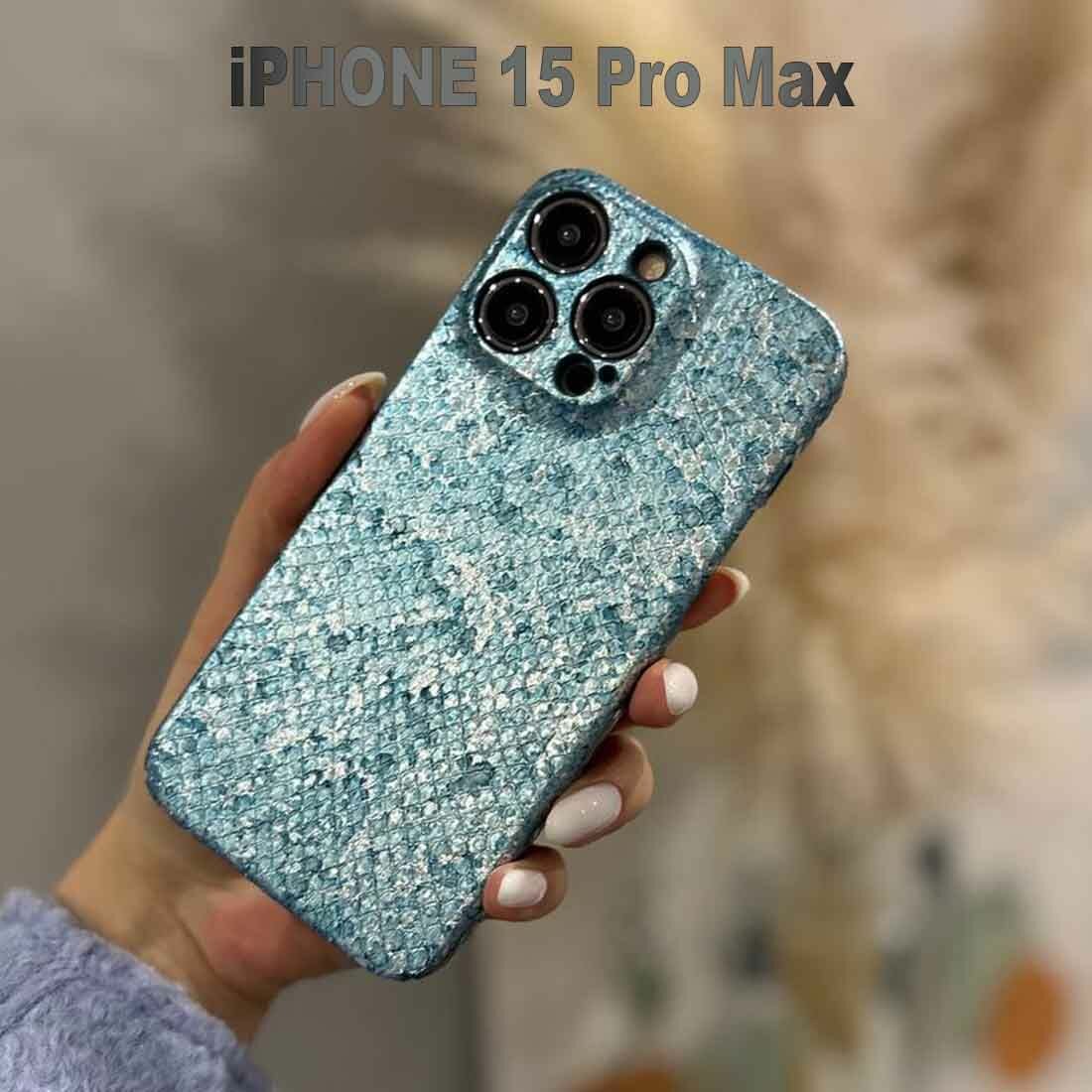 Чехол для IPhone 15 Pro Max из голубой кожи змеи