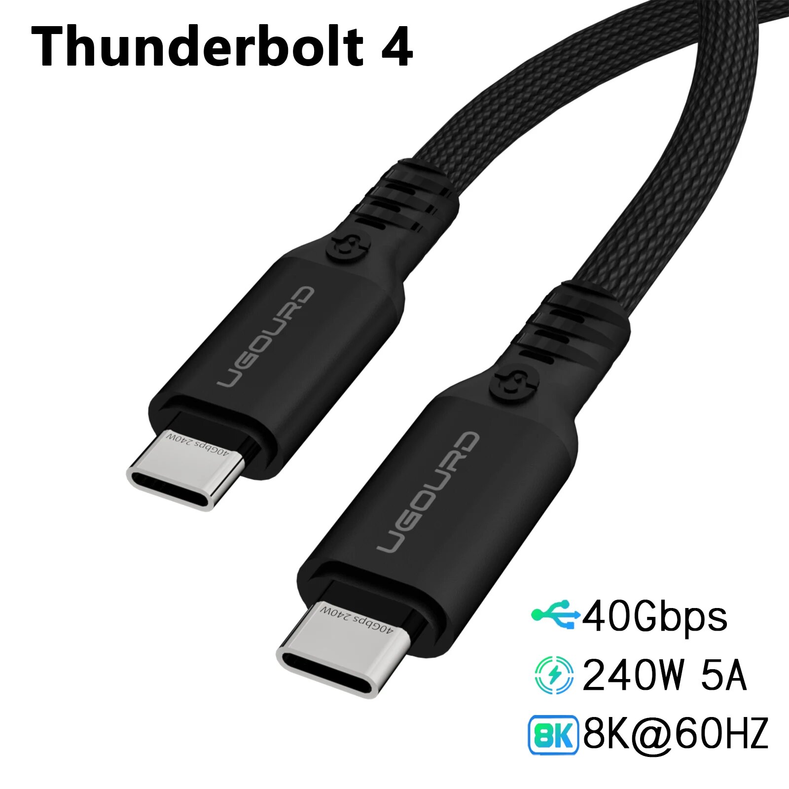 UGOURD Thunderbolt 4 USB4 Кабель 40 Гбит/с Thunderbolt3 0,2 м - 2 м Тип C Кабель для быстрого зарядного устройства 240 Вт Передача данных USB C Для ноутбука SSD Black 40G 240W 8K, 0.2m