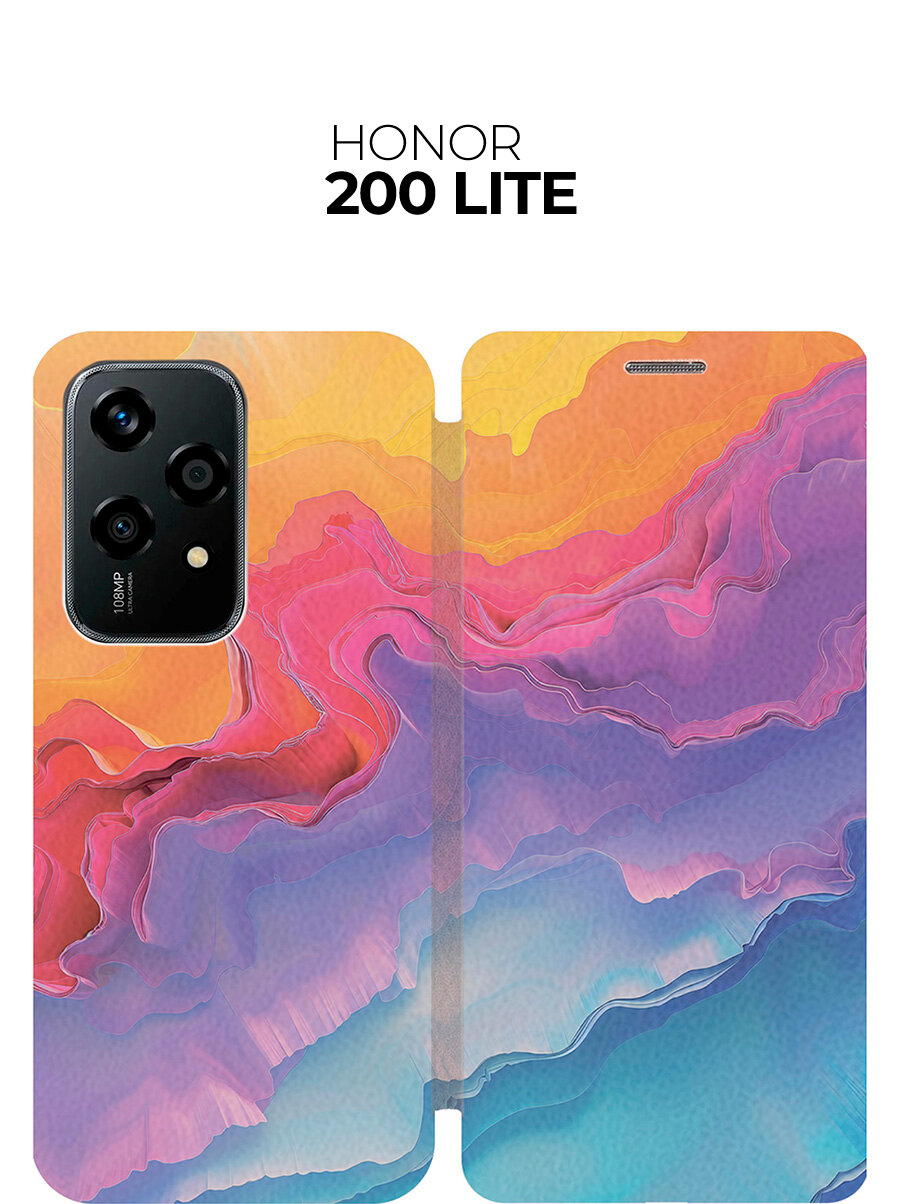 Чехол-книжка на Honor 200 lite с принтом "Цветной мрамор" золотой