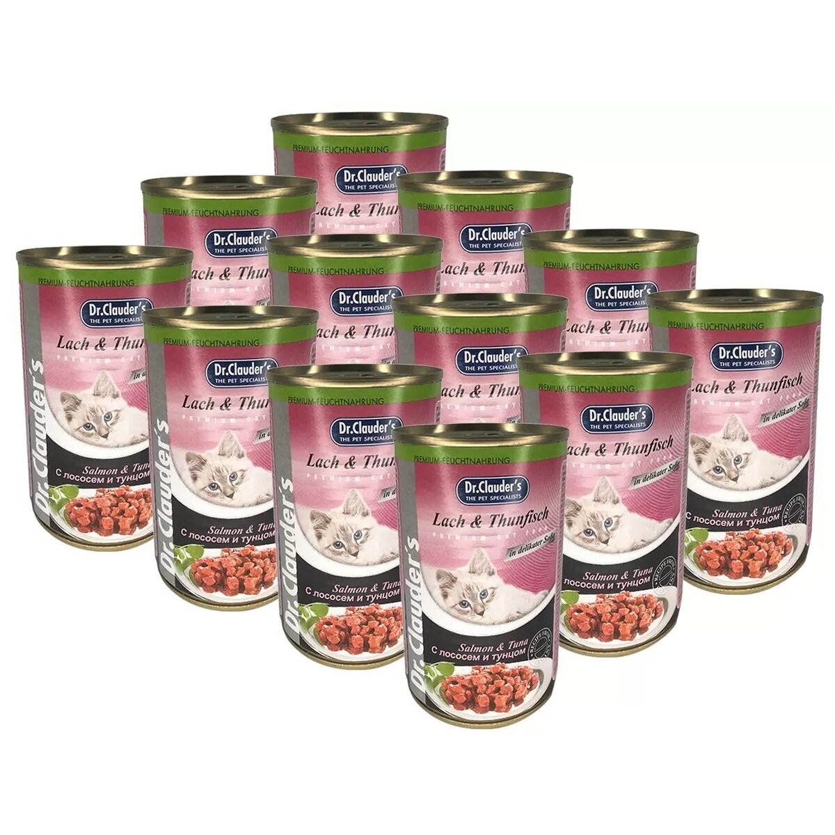 Dr. Clauder's Корм консервированный для взрослых кошек, С лососем и тунцом, кусочки в соусе, 415г (12 штук)