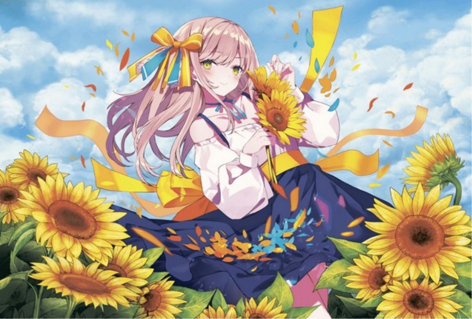 Холст с красками по номерам 30х40. Аниме. Девушка в подсолнухах. 20 цветов, в к 41,4x31,4x2,3 см