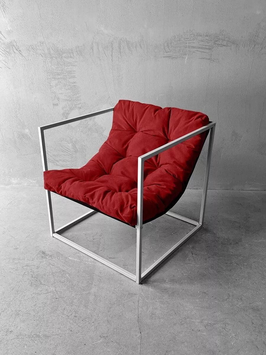 Кресло мягкое удобное для отдыха, уличное, на балкон, на веранду, в стиле лофт, минимализм, Лофтовик + красный велюр