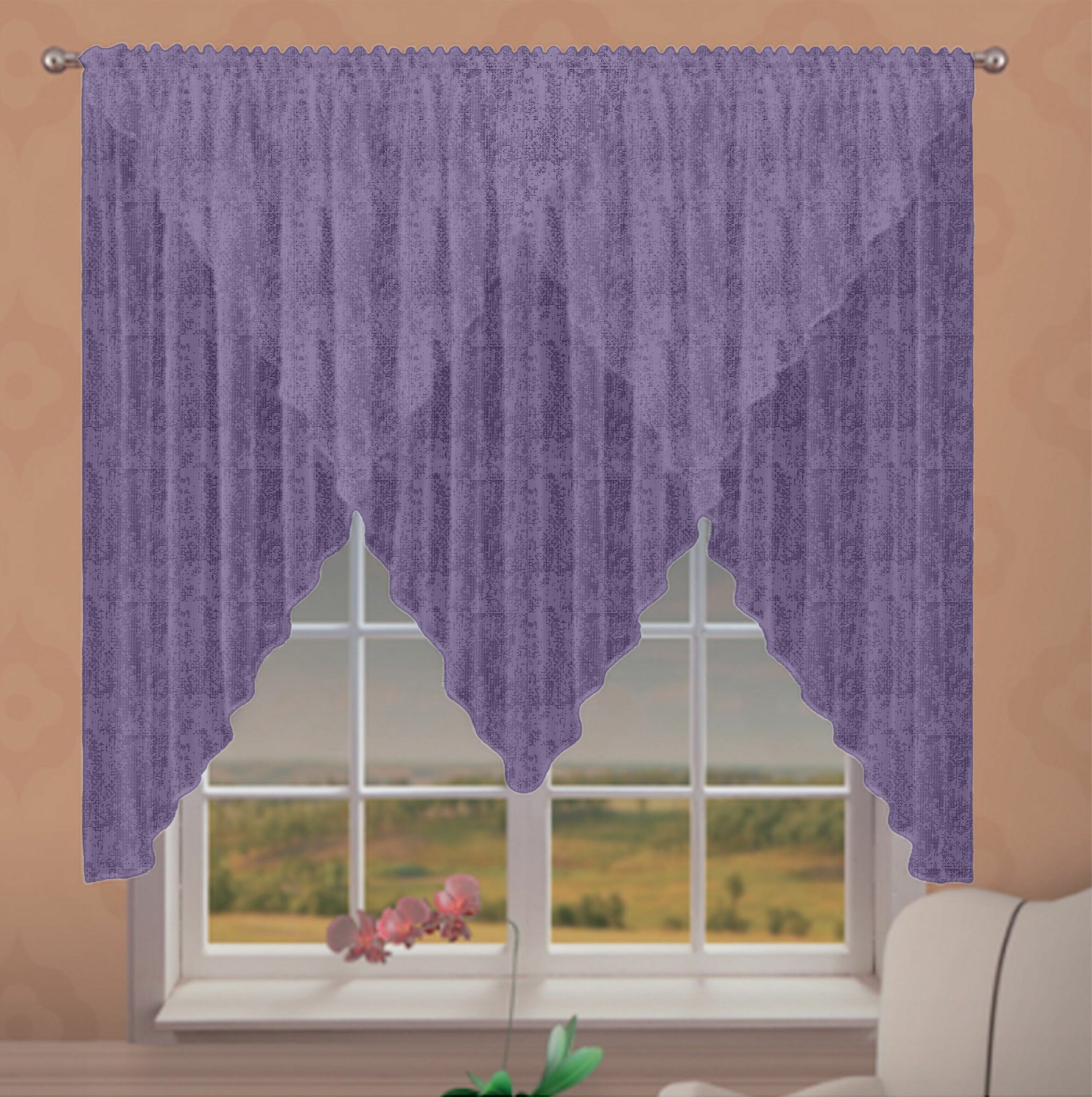 Шторы для кухни ламбрекен с мраморным рисунком на ленте под крючки арт. 3У-КУХ-393 цвет сиреневый