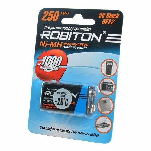 Аккумулятор Robiton 6HR61 (Крона) Ni-Mh 8.4v Block 250mAh BL1 , 1шт.