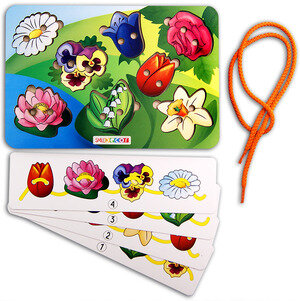Игра (SmileDecor) Шнуровка-планшет Цветы [планшет-вкладыши 4карточки заданий 1шнурок] (дерев.) (П626)