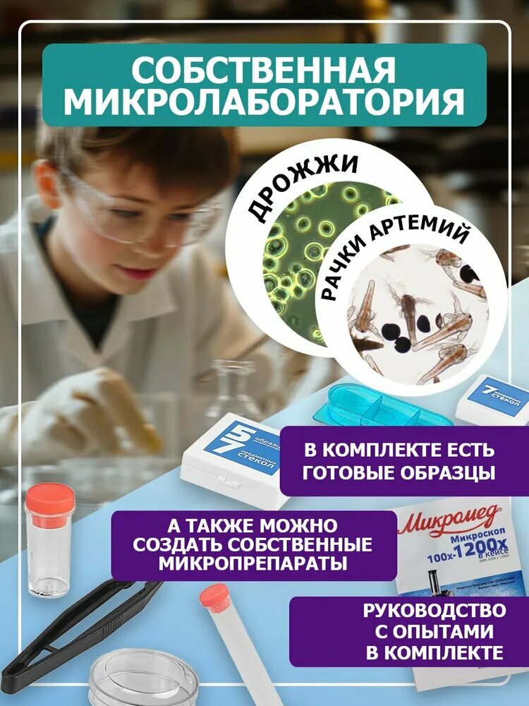 Микроскоп детский школьный в кейсе с инструментами и подсветкой 100x-1200x с книгой 4D и препаратами
