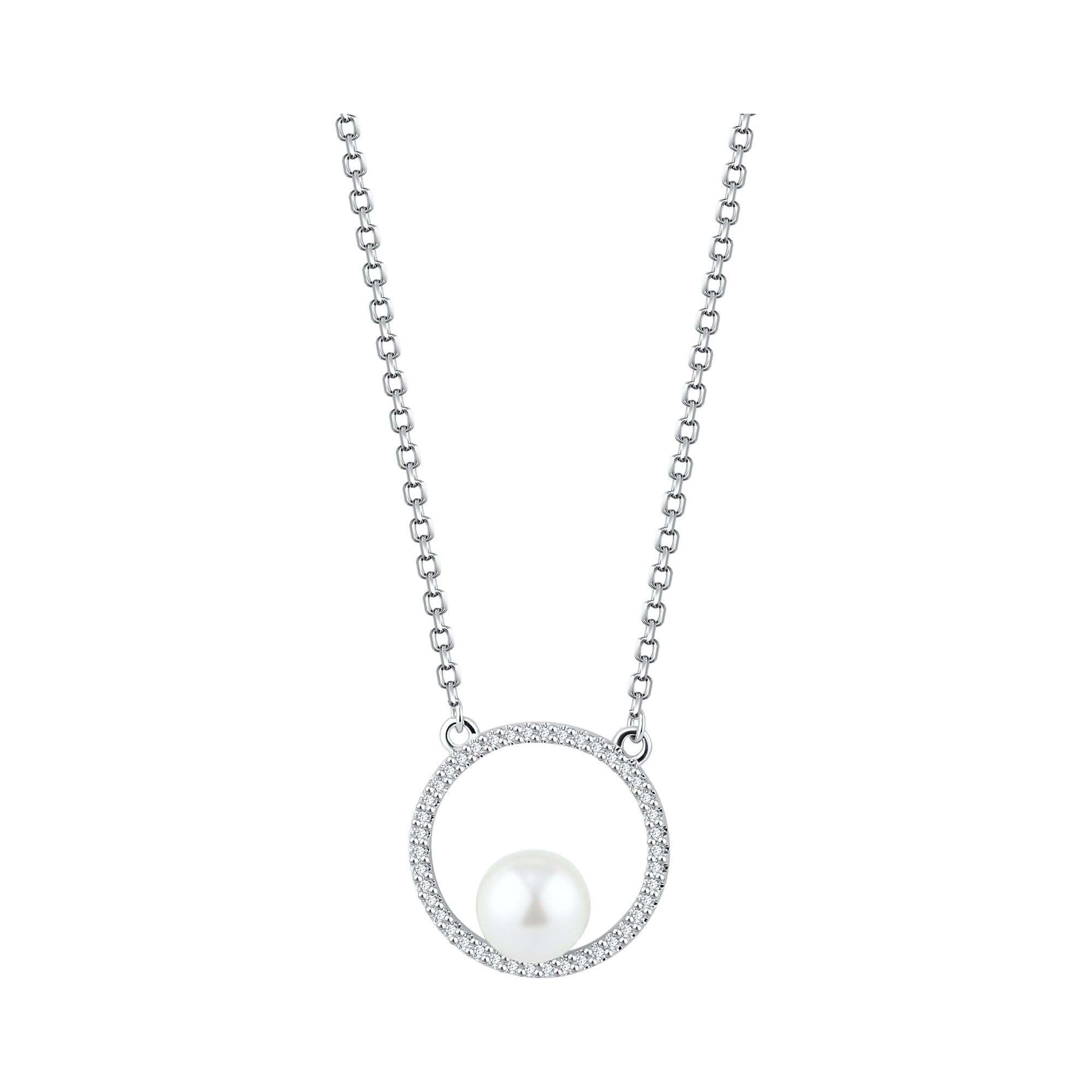 Колье, серебро, 925 проба, родирование, фианит, жемчуг