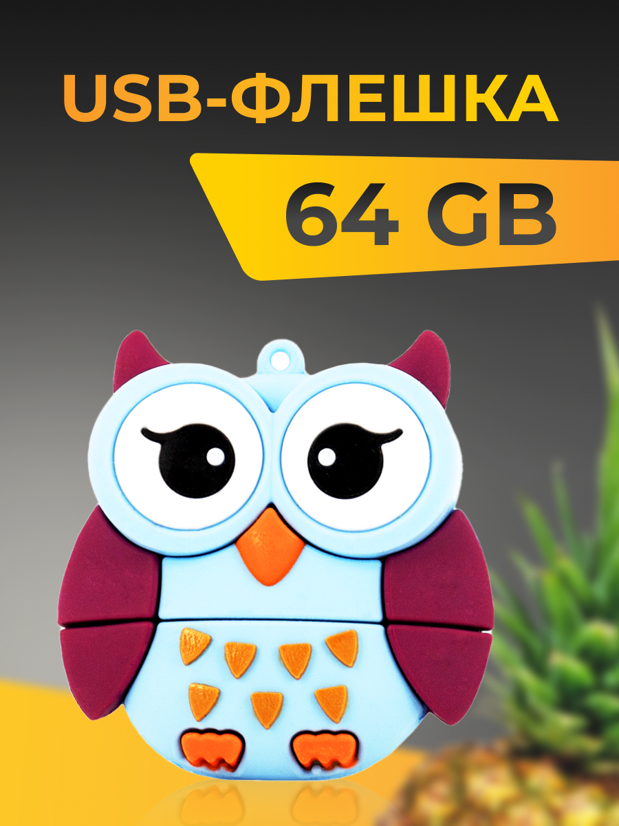 USB Флеш-накопитель 64 ГБ для компьютера и ноутбука, Flash накопитель для ПК, подарочная USB флешка 64 Гб, Сова голубая