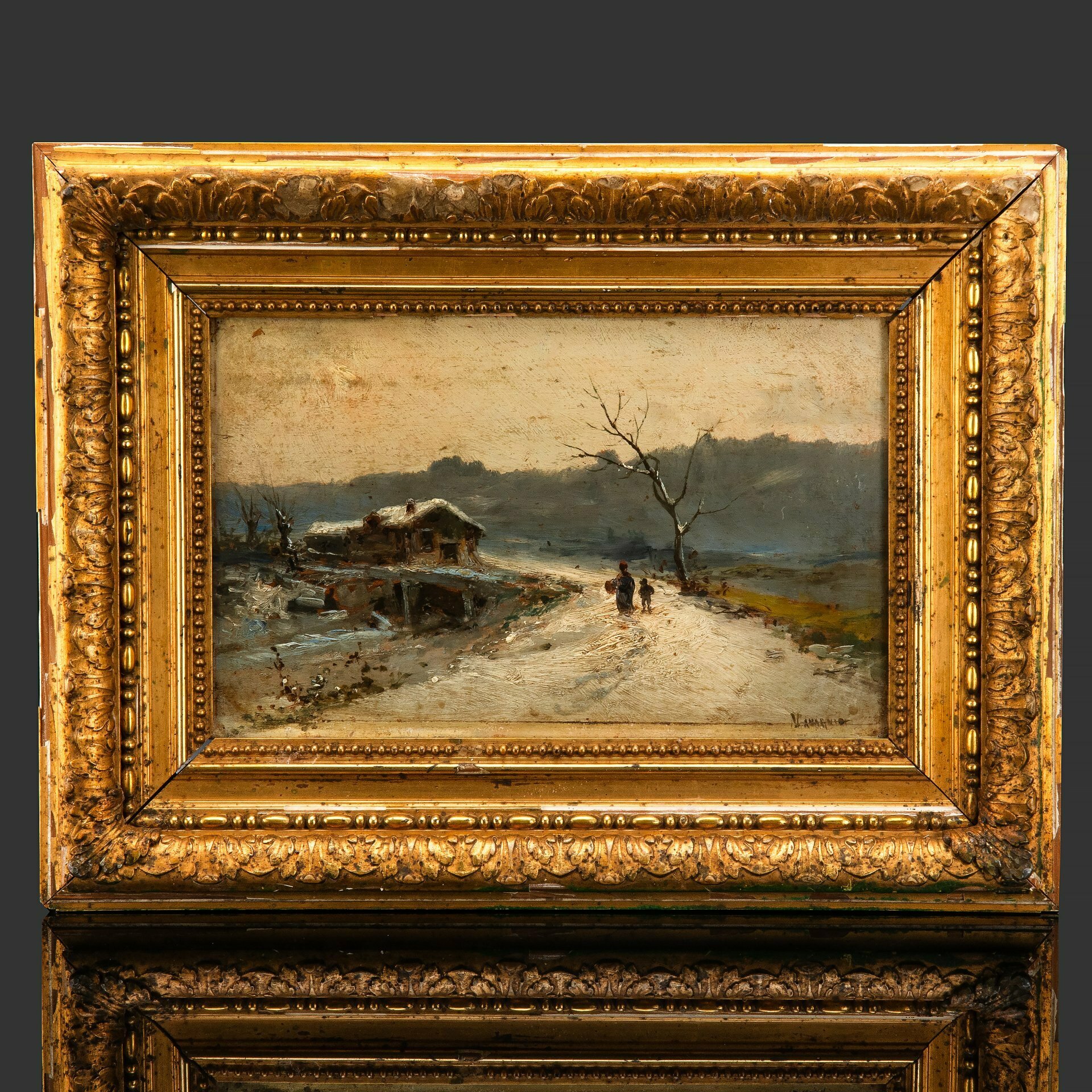 Картина "Пейзаж с дорогой" (условное название) в раме, неизвестный художник