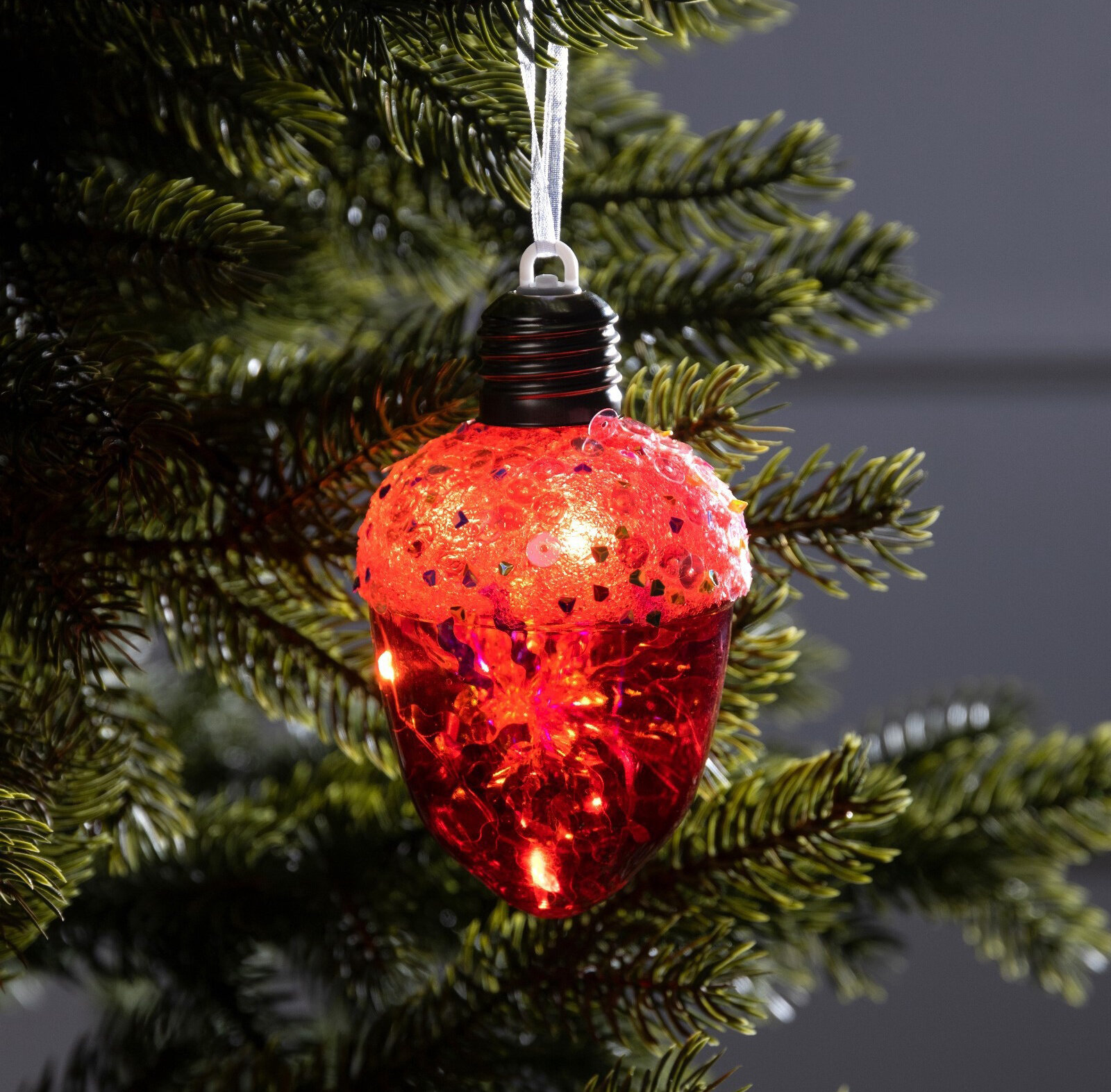 Ёлочная игрушка "Жёлудь красный" от батареек, 12х7 см, новогодний интерьерный декор, световая фигура, украшение на Новый год, игрушка на ёлку, 4 LED фонарика, свечение тёплое белое