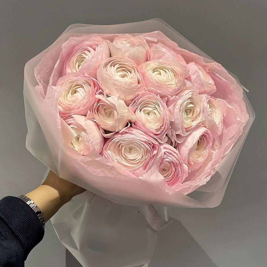 Букет из розовых ранункулюсов 19 шт, красивый букет цветов, шикарный, премиум цветы, премиум букет