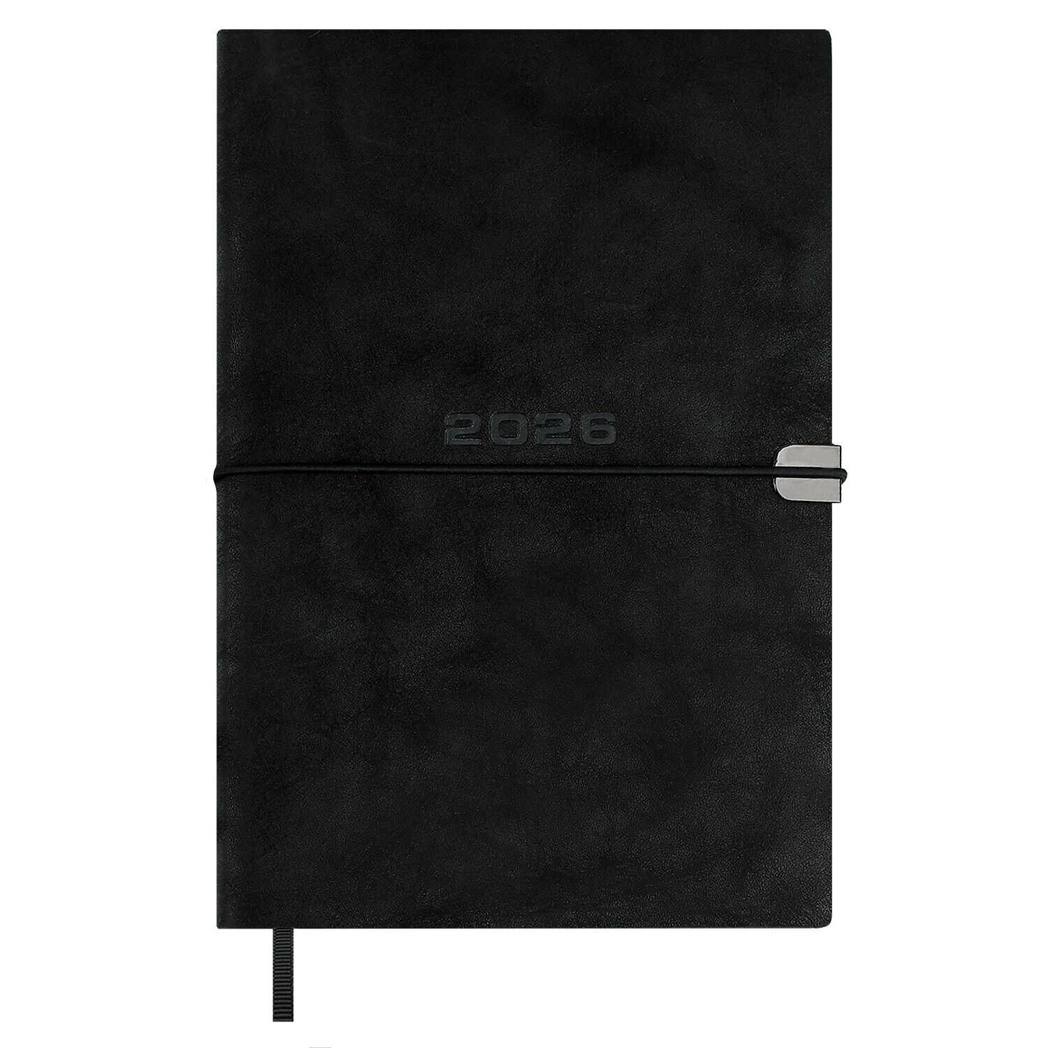 Ежедневник дат. 2026г. А5 176л "Тиволи глосс" черный, кожзам, мягк. переплет, застёжка-резинка, блинт. тиснение, офсет, справ. мат-лы, ляссе, инд. уп