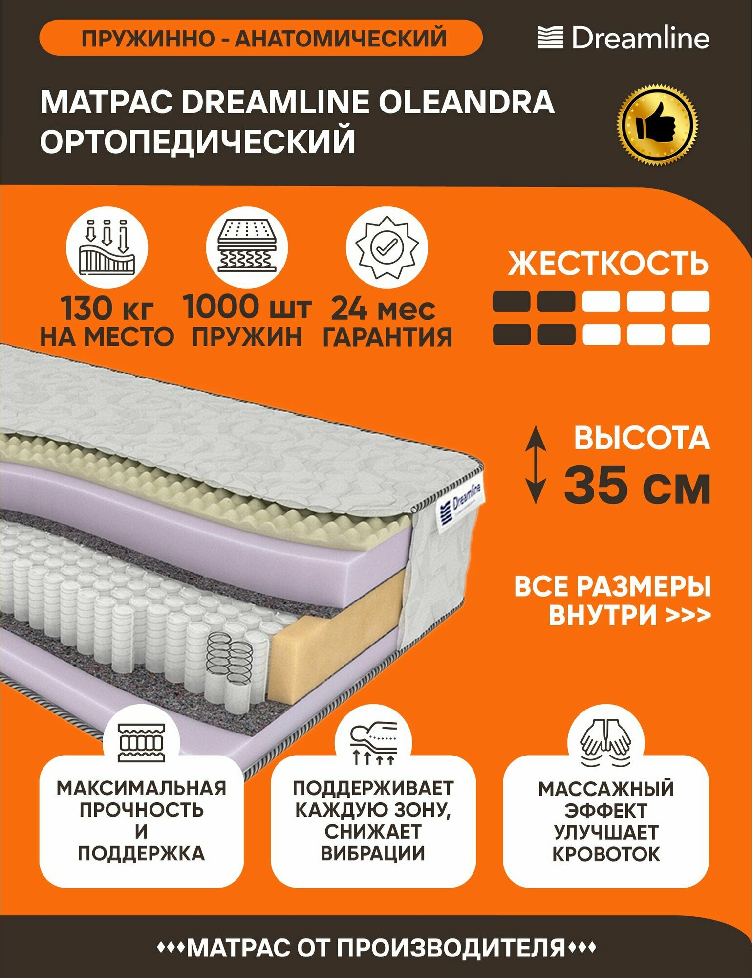 Матрас Dreamline Oleandra 65х175 высота 35 см анатомический средней жесткости Независимые пружины