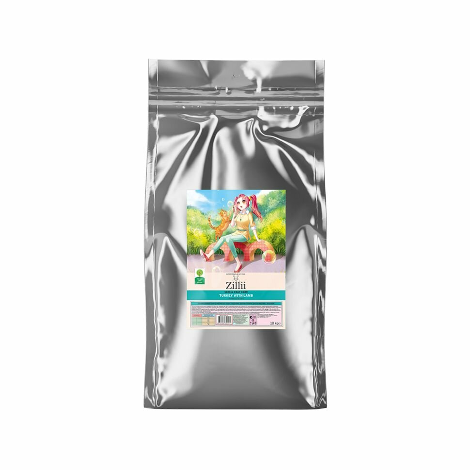 Zillii Skin&Coat Care Сухой корм для взрослых кошек, поддержка здоровья кожи и шерсти, Индейка и Ягненок 10 кг