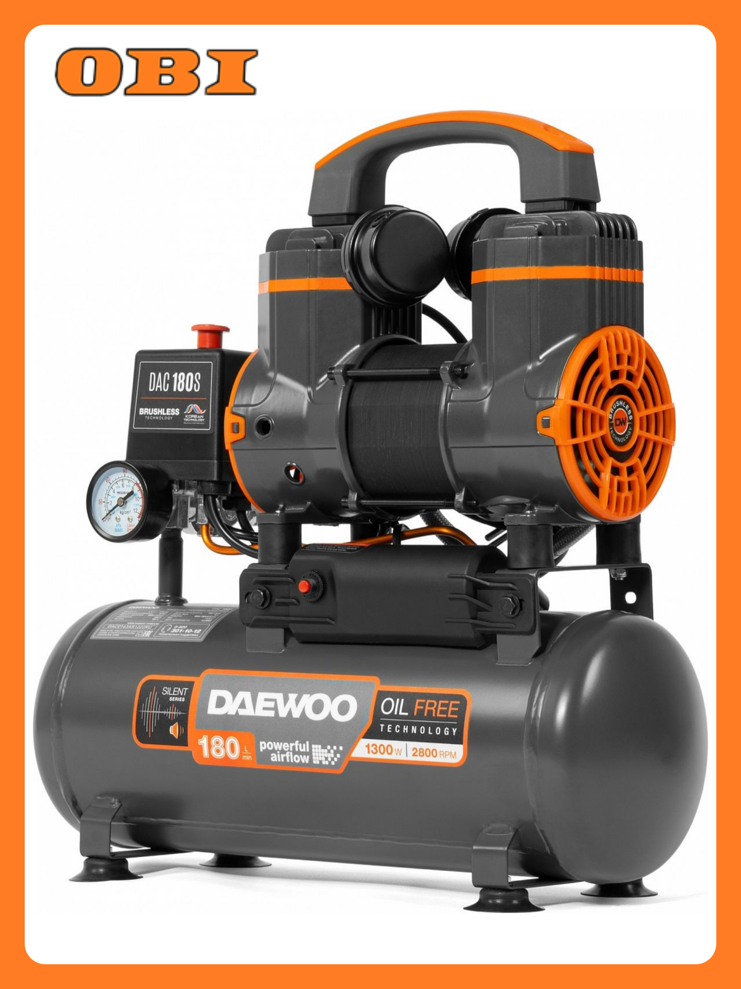 Компрессор Daewoo Power Products, безмасляный, коаксиальный, 1300 Вт, 9 л