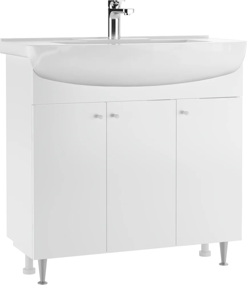 Тумба под раковину без столешницы Айсберг Промо 85 напольная, с ножками, белая, глянцевая, из МДФ, тумба для ванной, с дверками