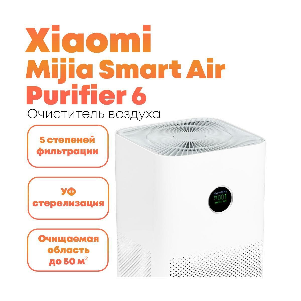 Очиститель воздуха с автоматическим режимом Xiaomi Mijia Smart Air Purifier(6 EU), угольный и HEPA-фильтры, низкий уровень шума и ночной режим, BHR08M