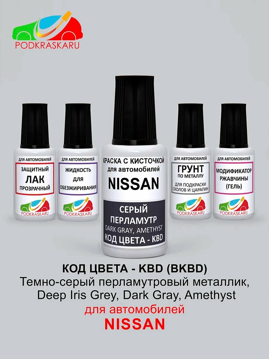 Эмаль автомобильная по коду KBD (BKBD) Nissan темно-серый, Deep Iris Dk. Gray, набор для подкраски 5 флаконов