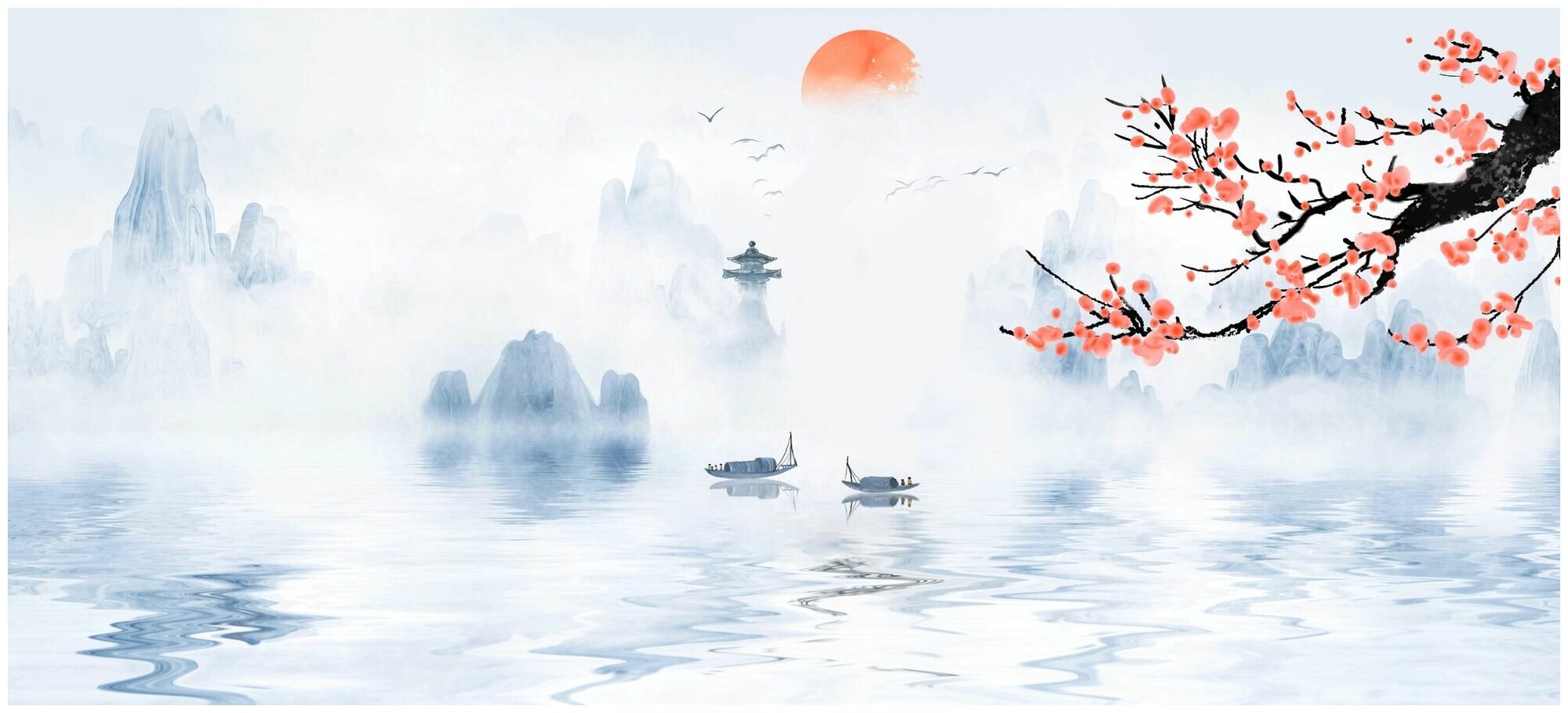 Фотообои Уютная стена "Восточный пейзаж с озером" 600х270 см Виниловые Бесшовные (единым полотном)