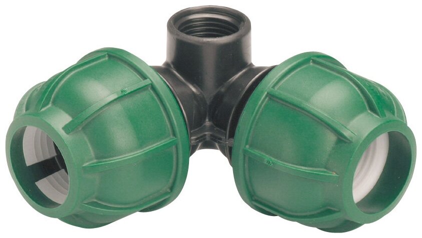 Угловое соединение для 2х ПЭ шлангов 1" с внутренней резьбой 1/2" с углами по 90°, артикул 2318