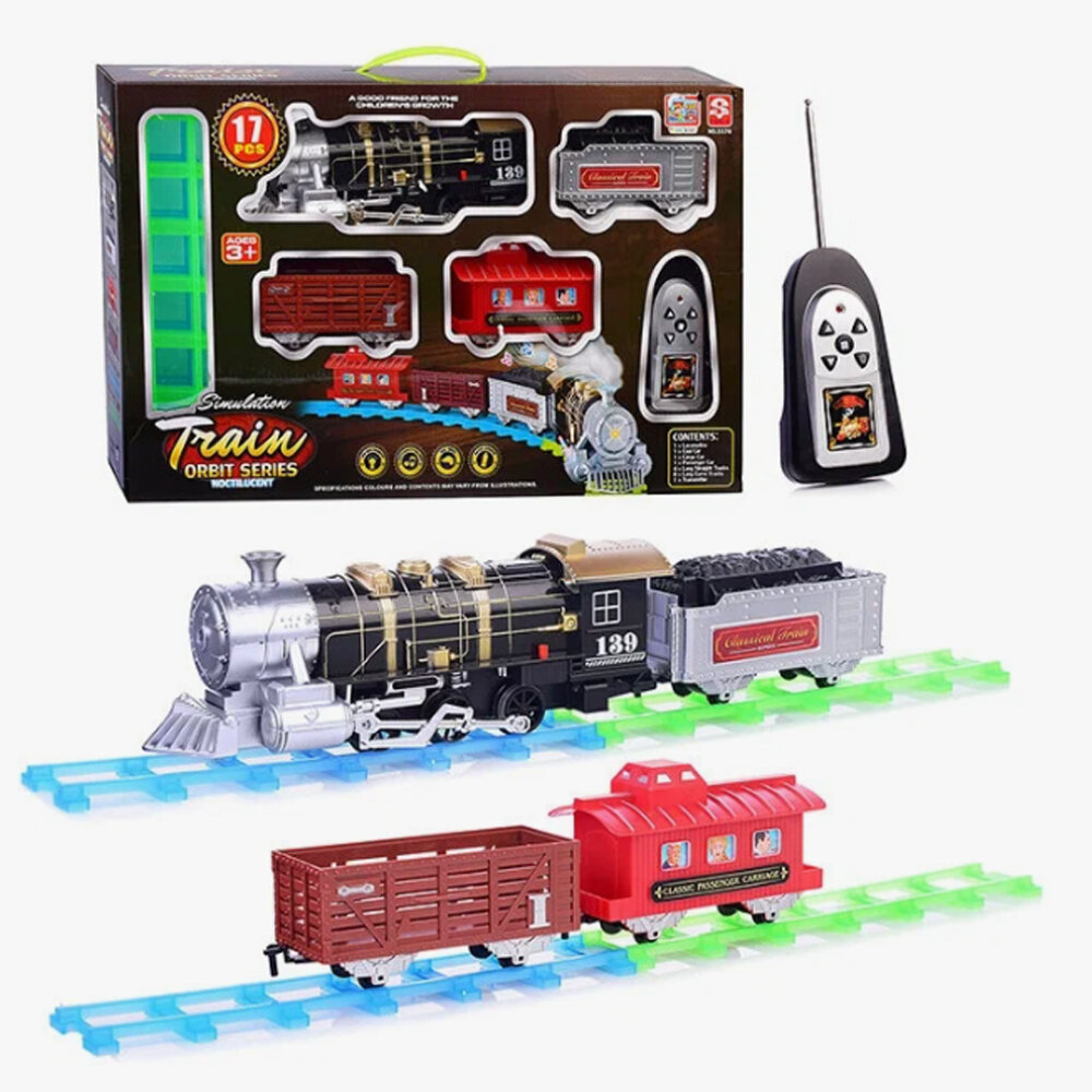 Железная дорога детская 136 х 84 см, поезд на пульте управления со светом, звуком и дымом