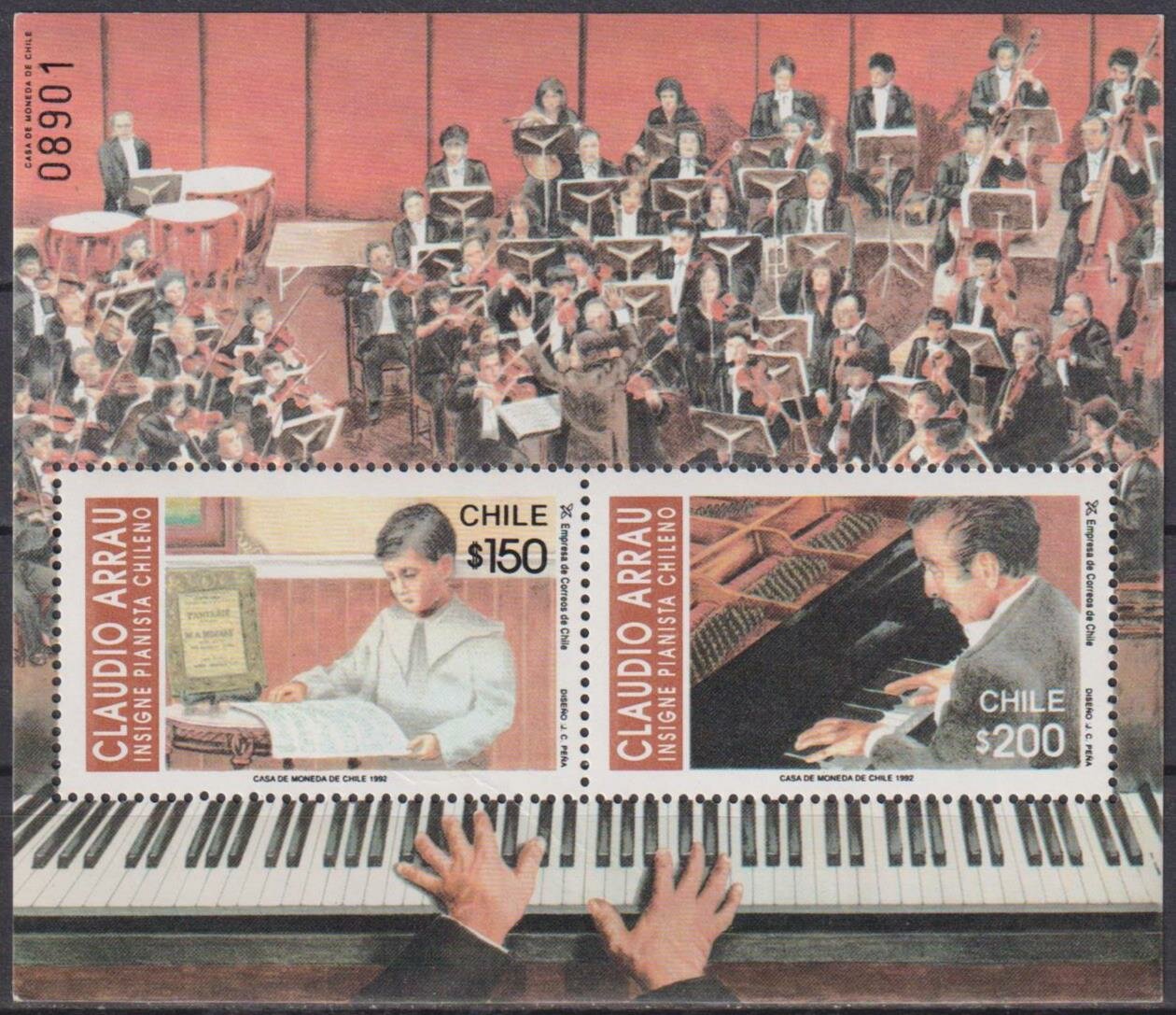 Почтовые марки Чили 1992г. "Первая годовщина смерти Клаудио Аррау" Музыкальные инструменты, Музыканты MNH