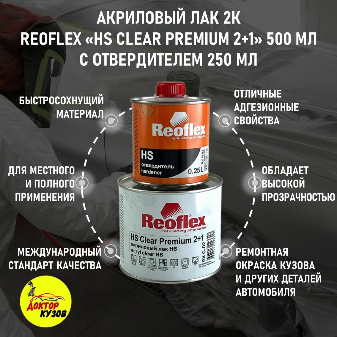 Лак акриловый глянцевый 2К HS 2+1, автомобильный Reoflex, 0.5 л с отвердителем 0,25 л