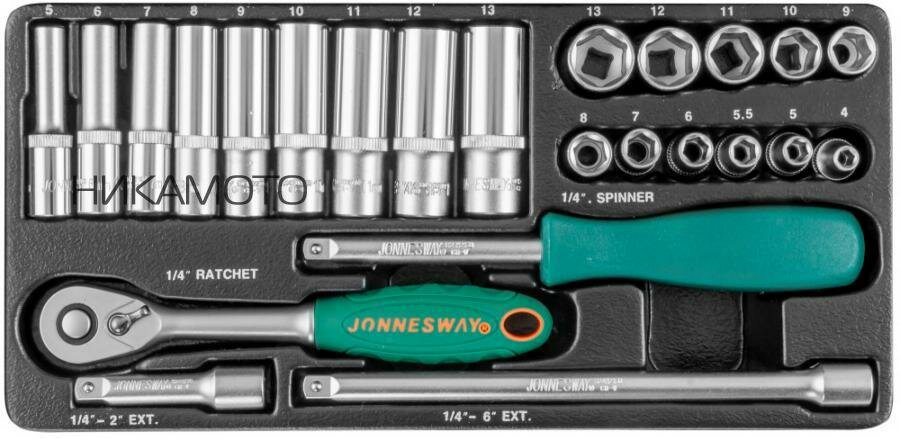 JONNESWAY S04H2125S Набор торцевых головок стандартных и глубоких 1/4DR 4-13 мм, 25 предметов