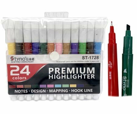 Маркер выделитель 24 цв. CN-33 Tyno 1-4мм, Двухсторонние (линер+скошенный) в упаковке ПВХ ST-1728