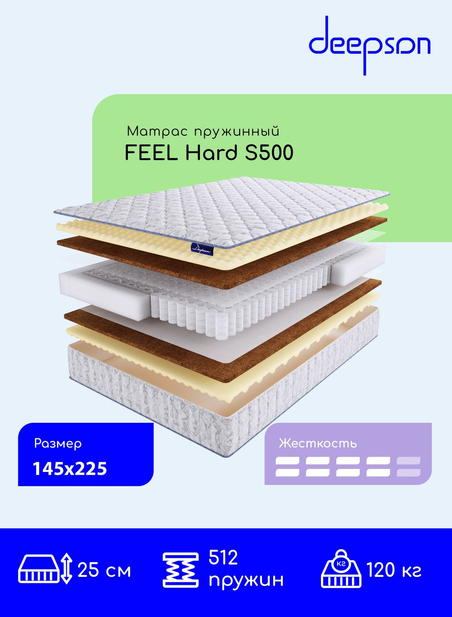 Матрас 145x225 пружинный полутороспальный ортопедический Deepson FEEL Hard S500