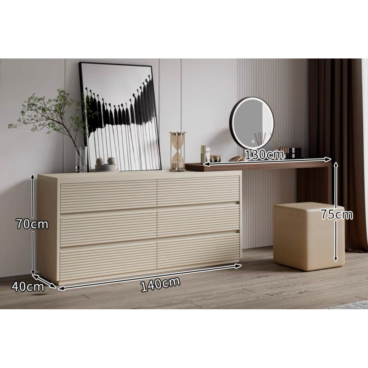 Комод с туалетным столиком Bernard (Комод светло-бежевый / 140см + стол 130см + пуф + зеркало)