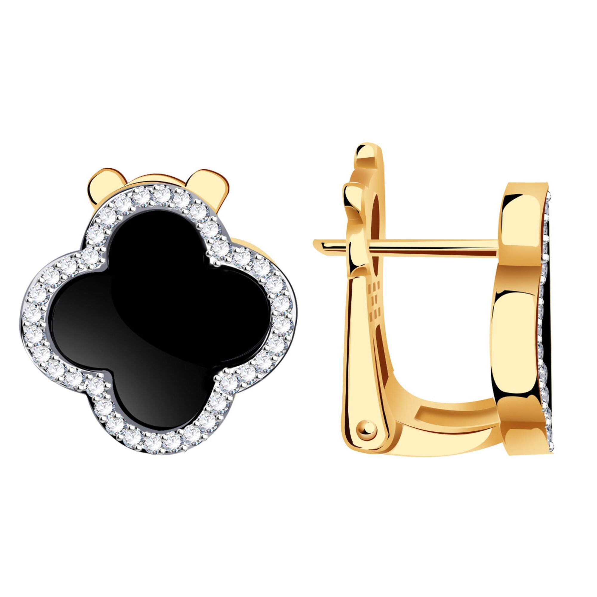 Серьги, красное золото, 585 проба, фианит, оникс