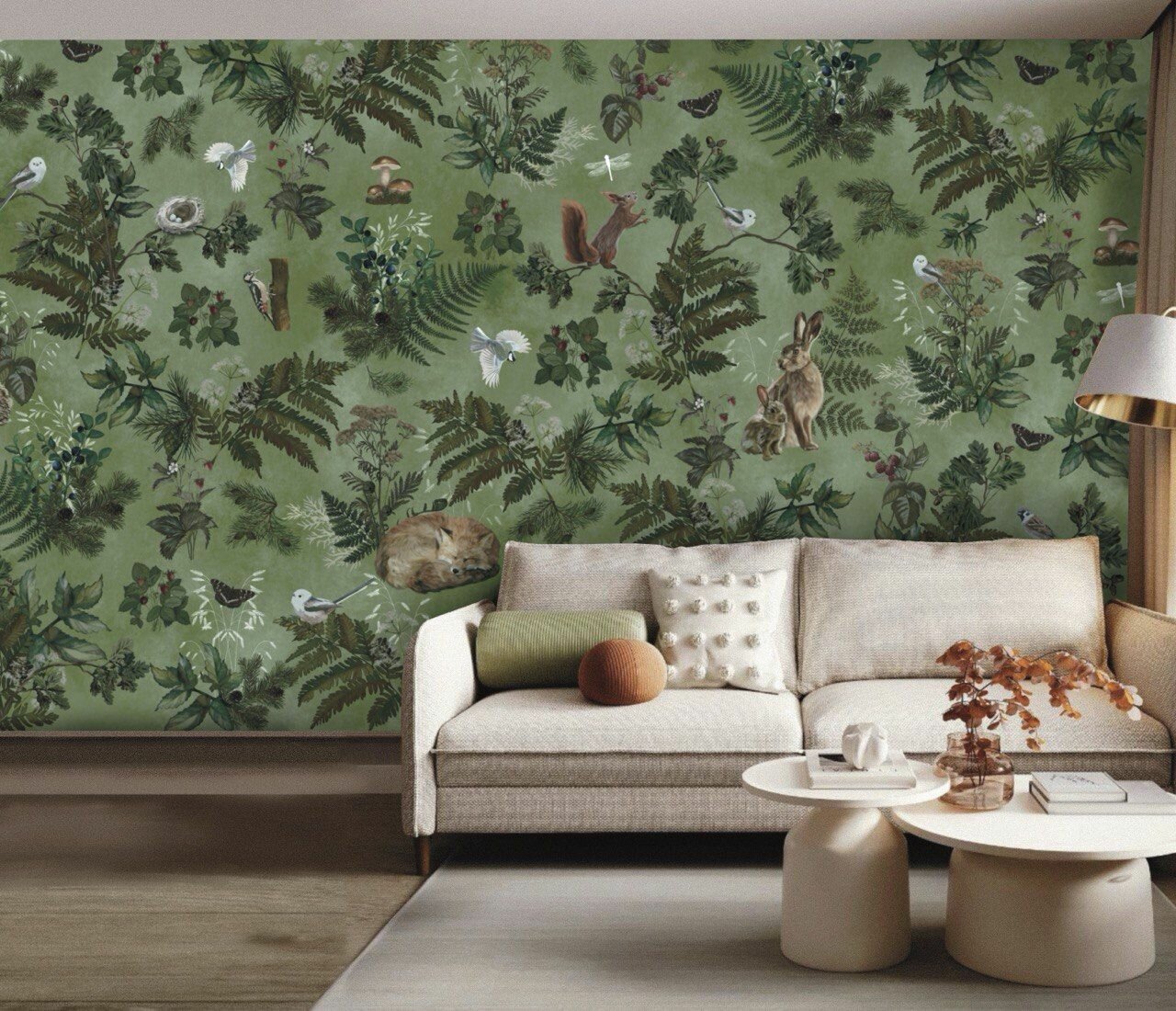 Фреска бесшовная "Лесная история" оливковый (ширина 2550мм х длина 3500мм)