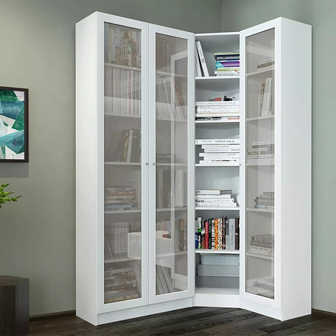 Угловой стеллаж Билли 19, белый, 135/295×30×202 см, книжный стеллаж для дома и офиса