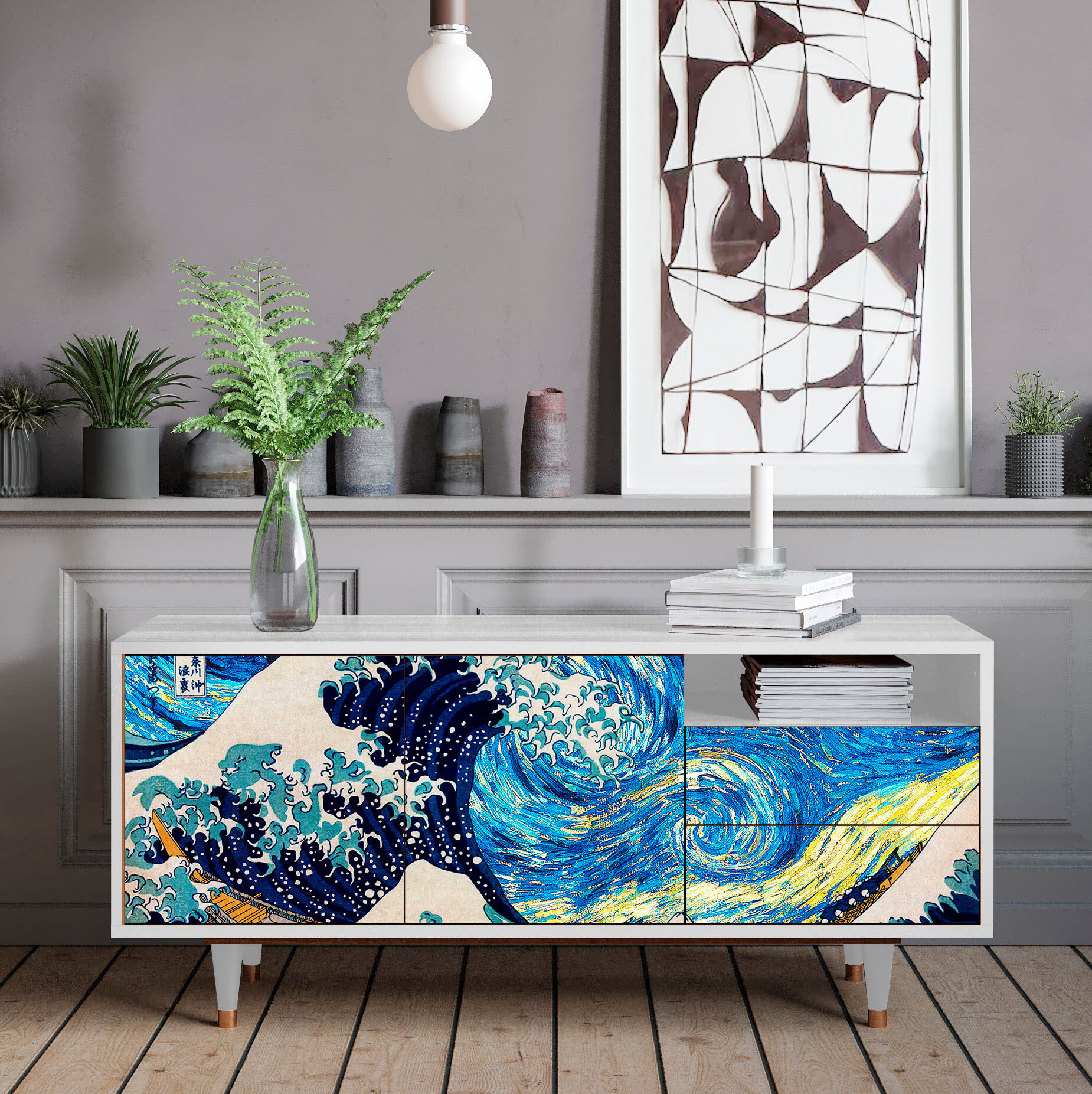 ТВ-Тумба - STORYZ - T7 The Great Wave off Kanagawa by Hokusai, Размер - 125 x 56 x 41 см, Цвет корпуса - , Белый