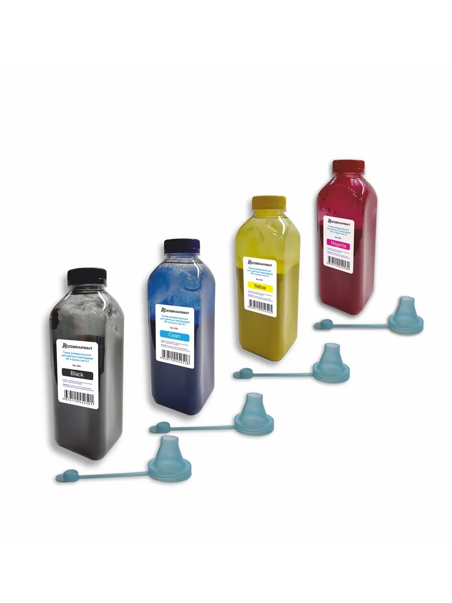 Комплект тонера для цветных HP и Canon ( CMYK, 250г ) ZebraPrint с воронками для заправки