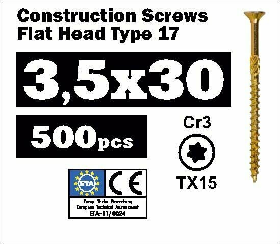 3,5х30 потай, (500 шт) Конструкционный саморез по дереву, TX15,