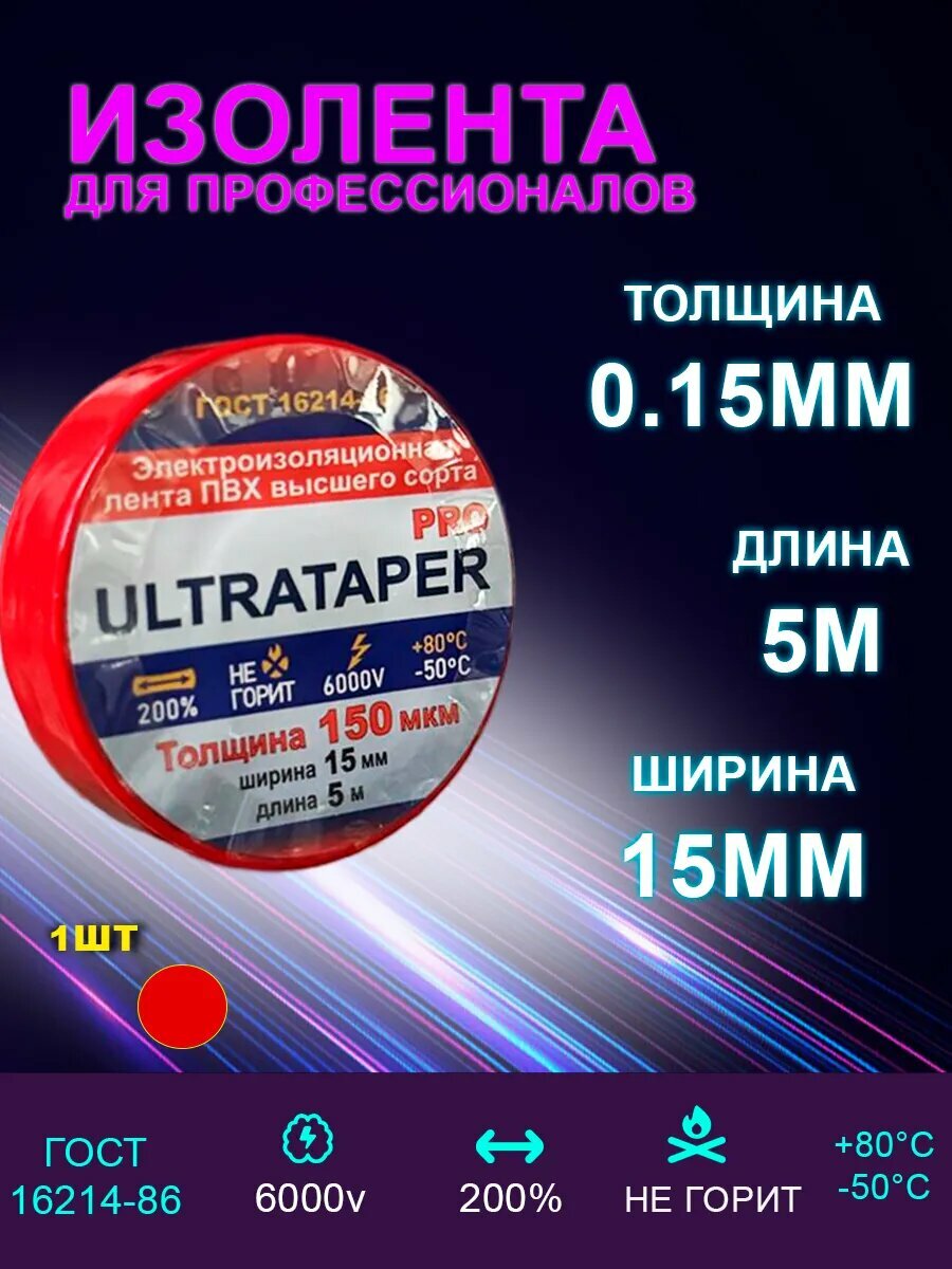 Изолента ПВХ, толщина 0.15мм, ширина 15мм * длина 5м, красная, 1 штука