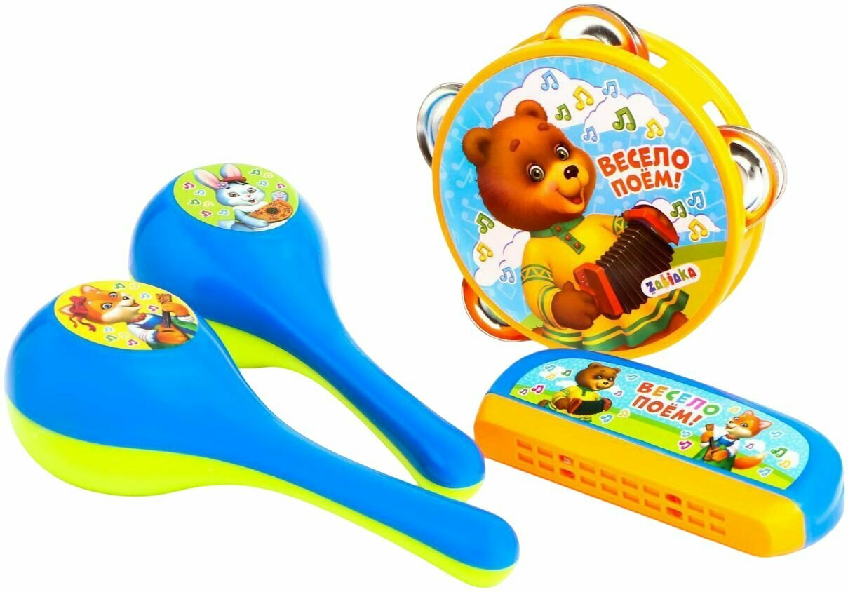 Набор детских музыкальных инструментов "Весело поём!", 4 предмета: губная гармошка, бубен и 2 маракаса, развиваем мелкую моторику, слух, чувство ритма и воображение, от 3 лет