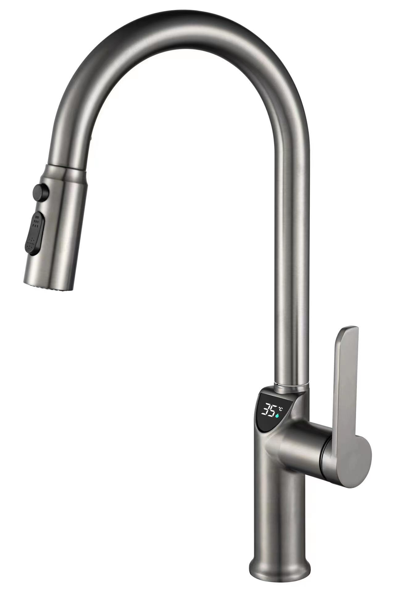 Смеситель для кухонной мойки "Dikalan" DT40371-4 с высоким поворотным выдвижным изливом и дисплеем, латунь, серый цвет