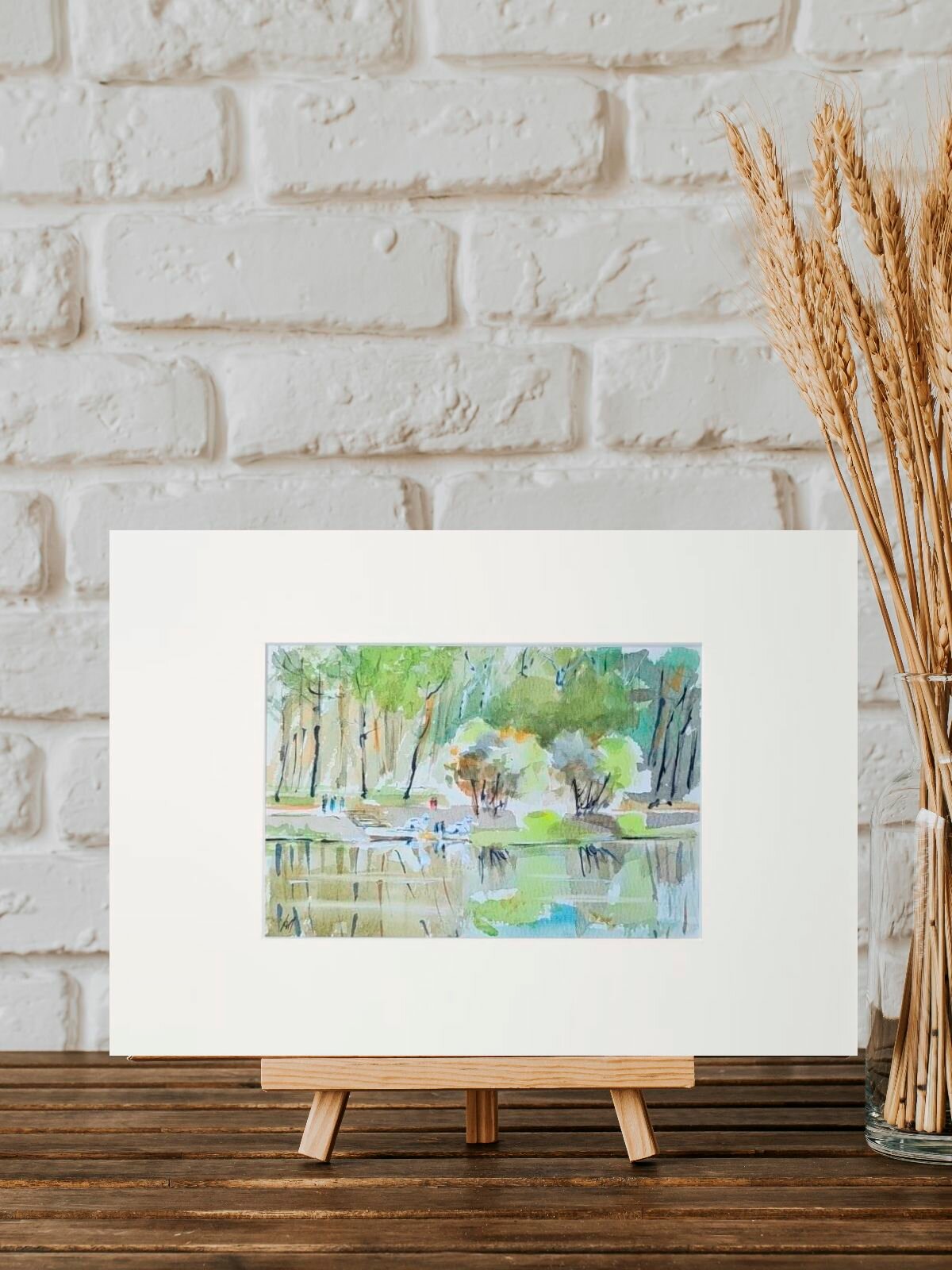 Картина авторская акварельная в паспарту 21х30 см на стену для интерьера "Верхний Царицынский пруд"