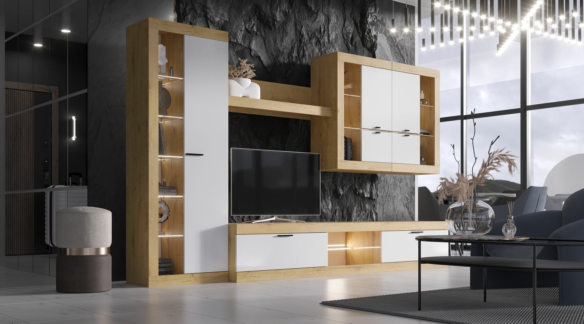 Комплект мебели для гостиной Прага (комп 31) Дуб Вотан/Белый гладкий