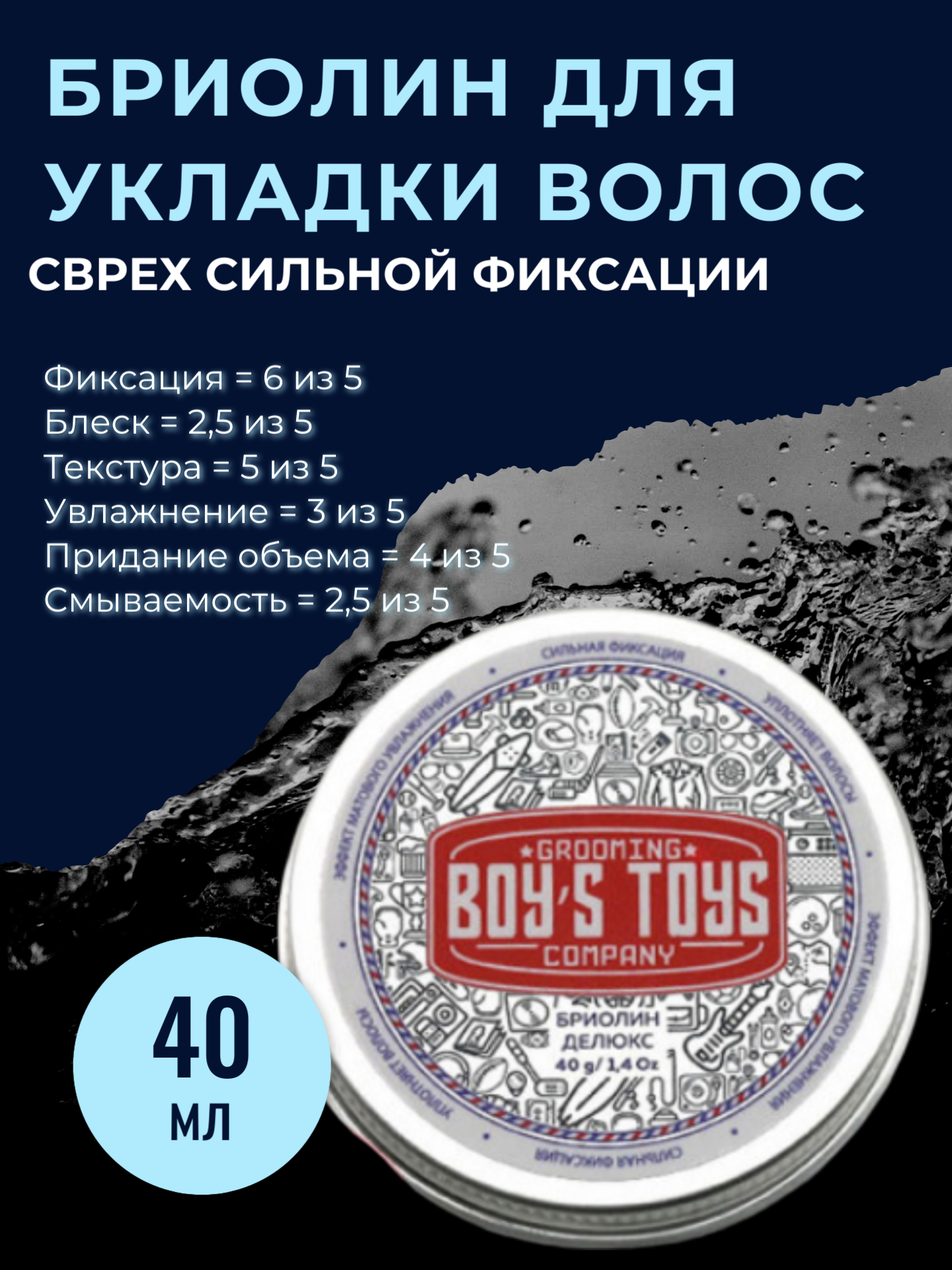 BOY'S TOYS Бриолин Делюкс, для укладки волос, суперсильная сильная фиксация, 40г