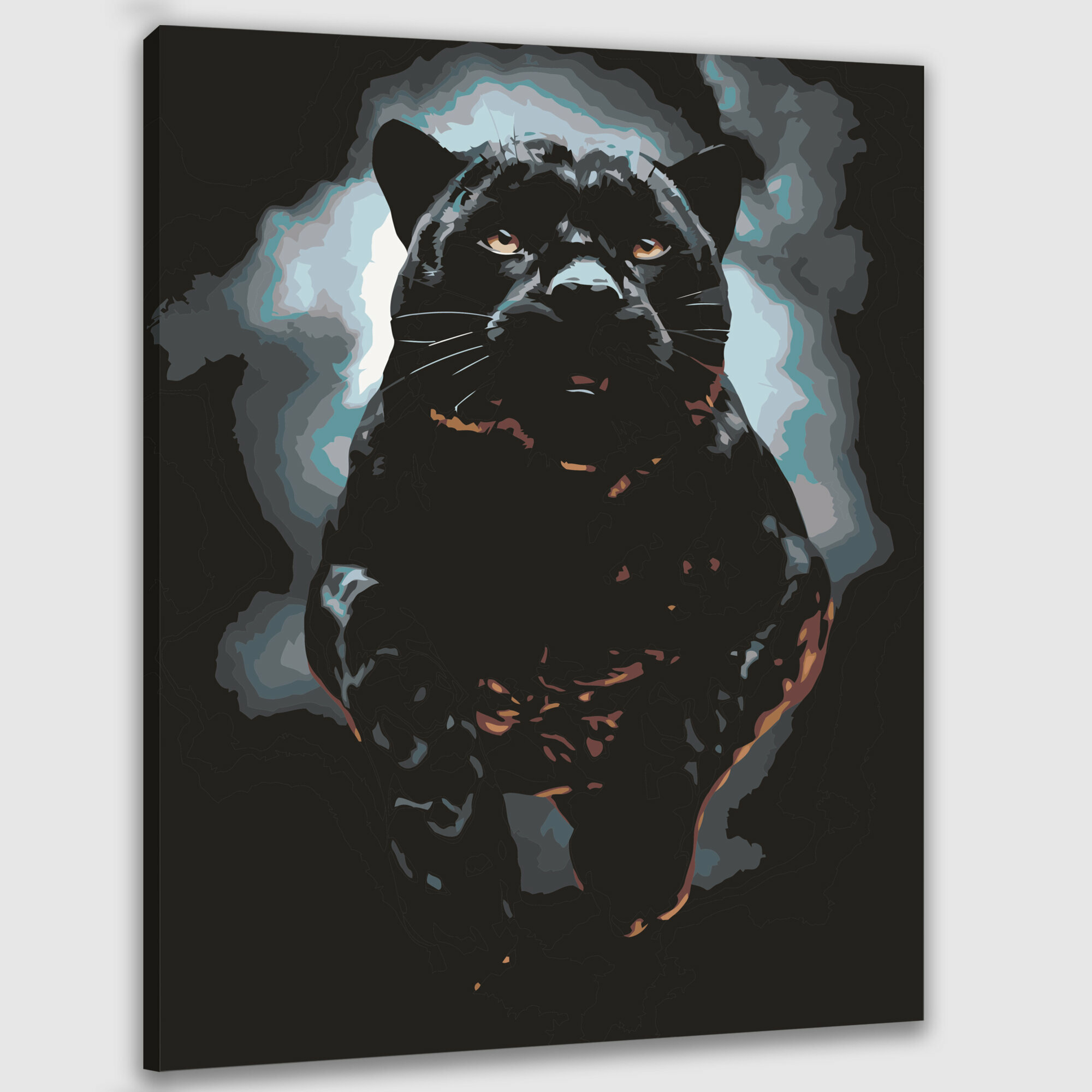 Картина по номерам 40x50 см, черная пантера, лунный свет, парящая, гладкое тело, мощные мышцы, изогнутые, глаза блестят