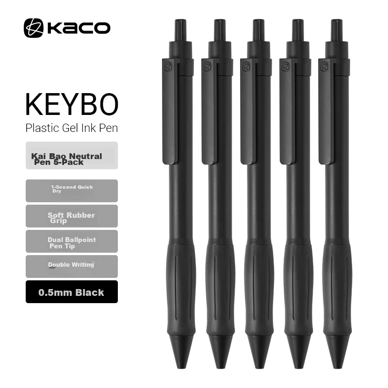 KACO Black Knight Retractable Gel Pen, 0.5mm Bullet Tip, Black, for Students' Exams And Writing, Large Capacity, Quick-Drying Ink, 5-Pack