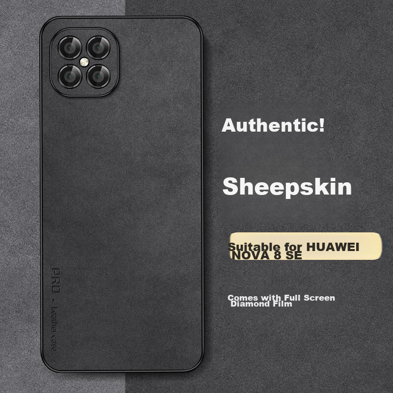 Shangsu, Suitable for Huawei Nova 8 SE Phone Case, Nova 8 SE Protective Cover, Shockproof, Full Lens Protection, Soft Shell, Simple Luxury Lambskin Outer Case, for Women And Men, Leather Case, Black