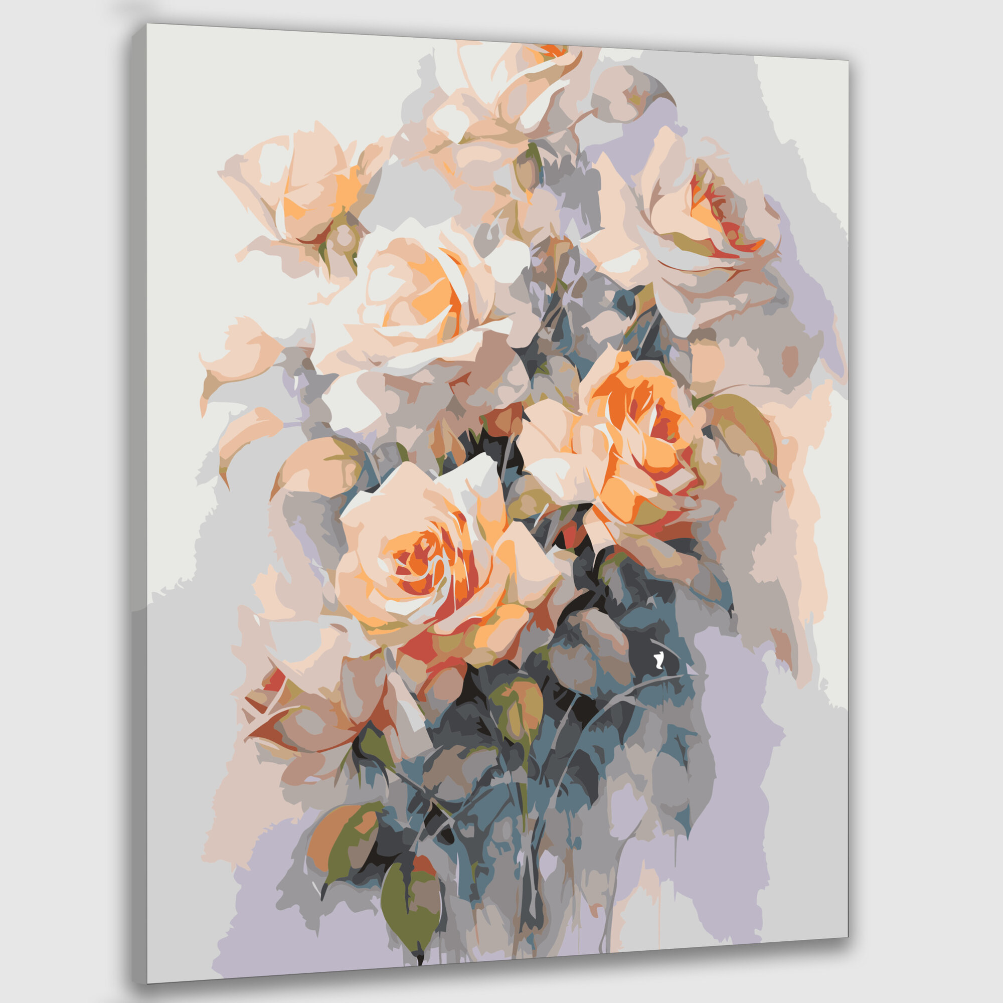 Картина по номерам 40x50 см, акварельная картина, букет роз, пастельные тона, лепестки, свет и тень, грация