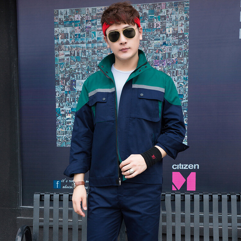 Рабочая одежда, для ремонта автомобилей, с длинными рукавами, темно-синяя с зелеными плечами, 3XL